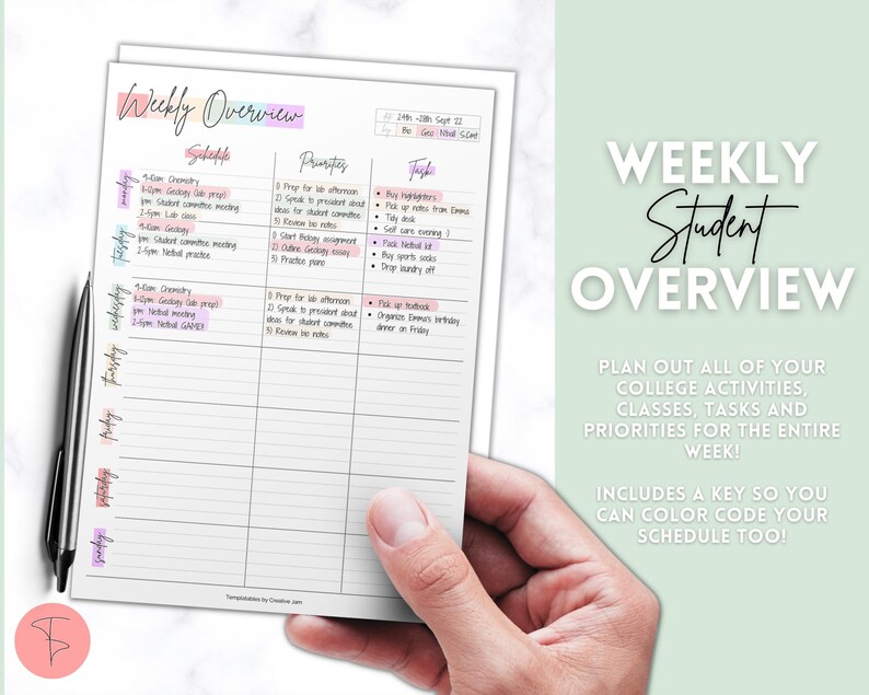College Student Weekly Planner Printable Weekly Schedule - Etsy