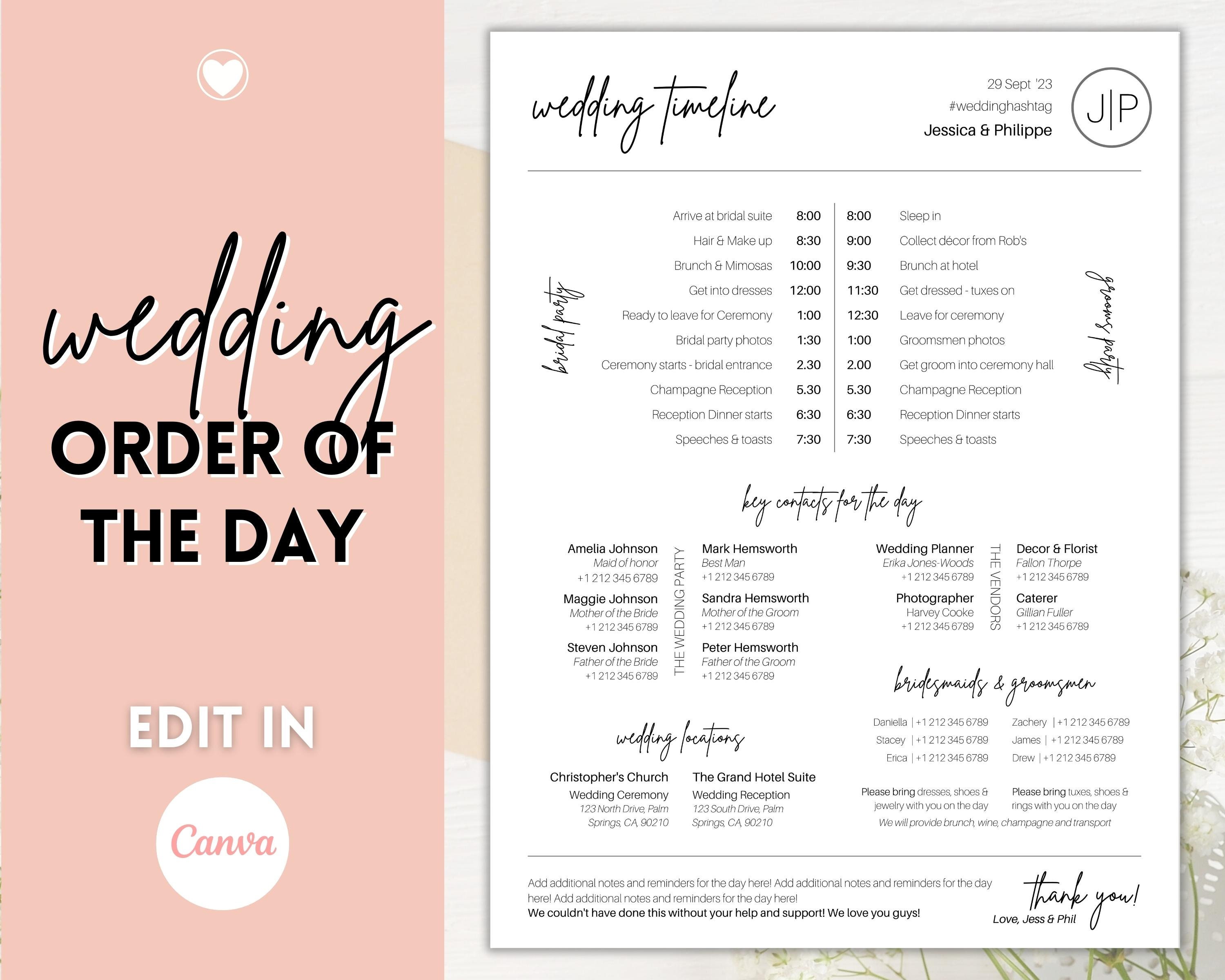 Wedding Day Timeline Template EDITABLE Order of Events - Etsy Canada