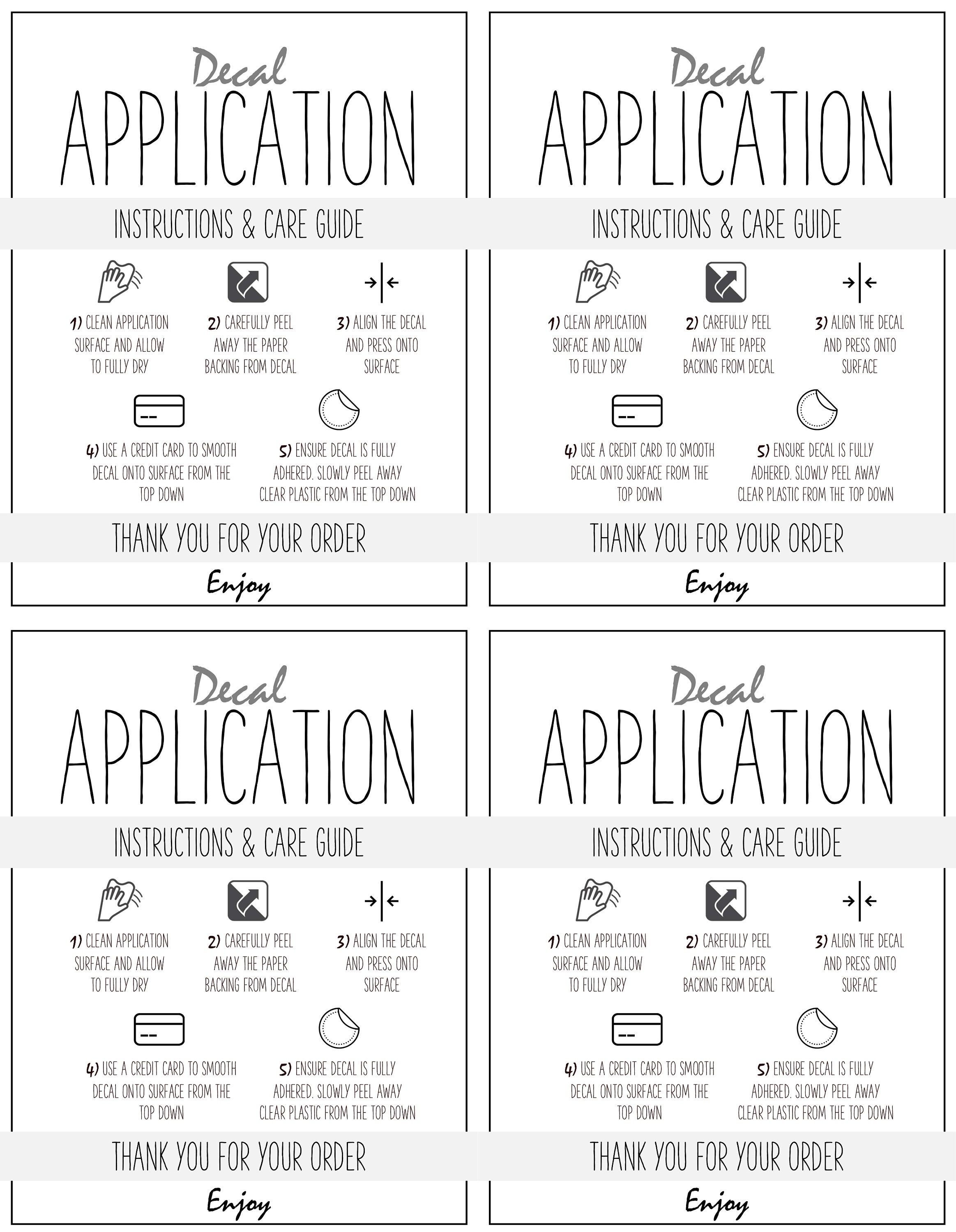 Decal Application Instructions, Printable Vinyl Care Card, Decal Order ...