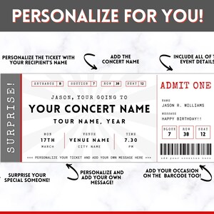 Concert Ticket Template, EDITABLE Surprise Getaway Gift, Invitation, Christmas, Mom, Anniversary ...