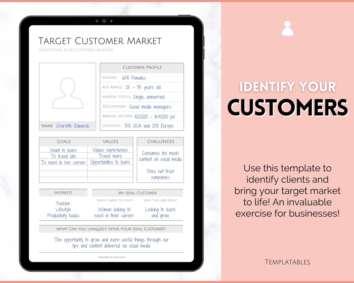 Customer Avatar Worksheet, Target Customer Market Template, Client ...