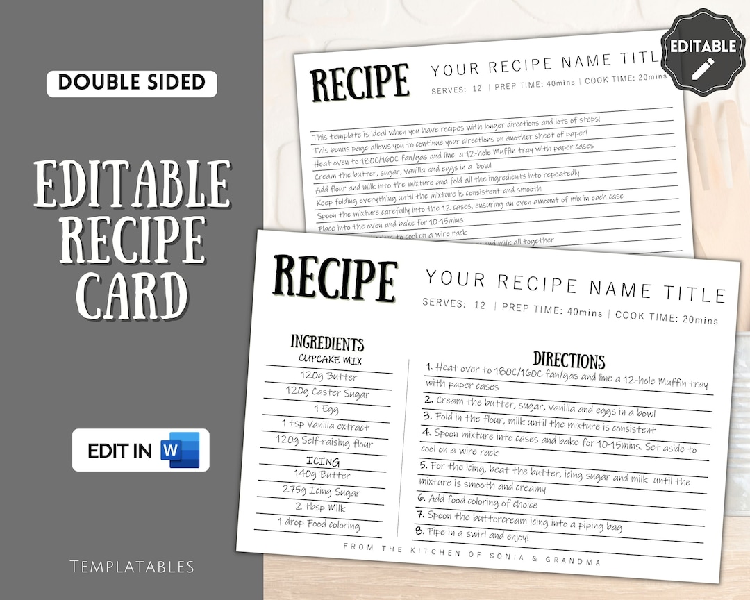 Recipe Card Template, EDITABLE Recipe Template, Recipe Cards Printable ...