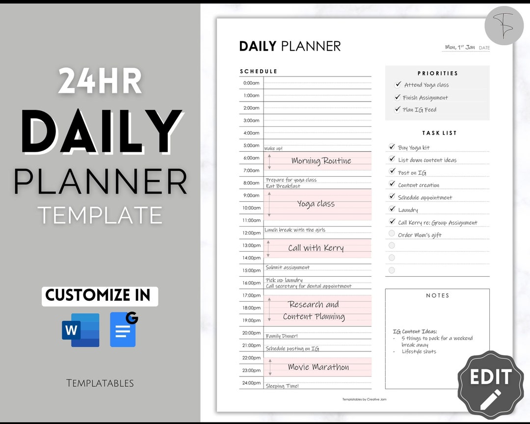EDITABLE 24 Hour Daily Planner Template, Hourly Planner, to Do List ...