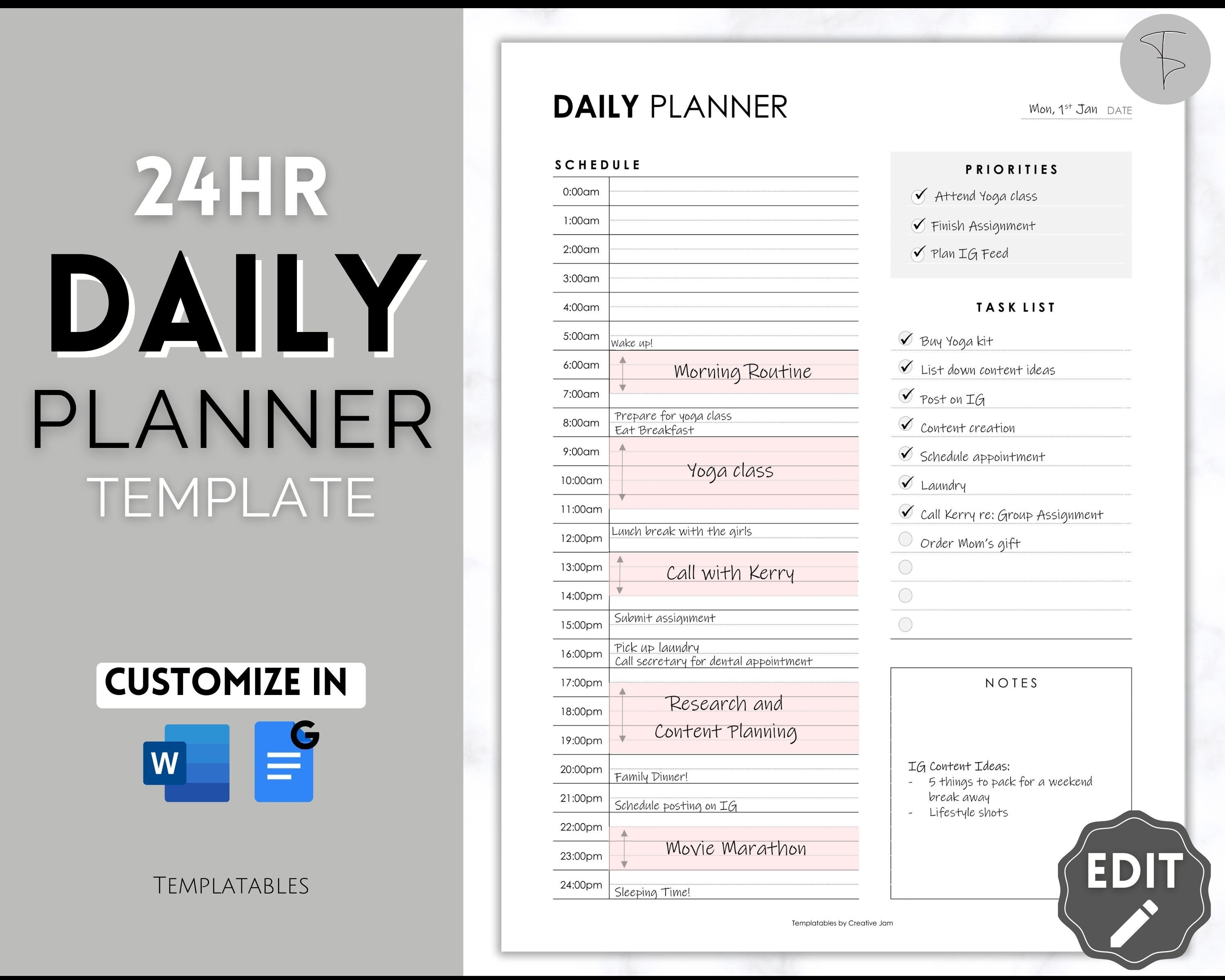 24 Hour Daily Planner, EDITABLE Template, Hourly Planner, to Do List ...