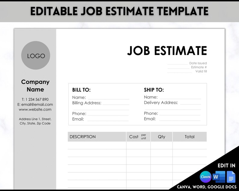 EDITABLE Job Estimate Template Small Business Template - Etsy