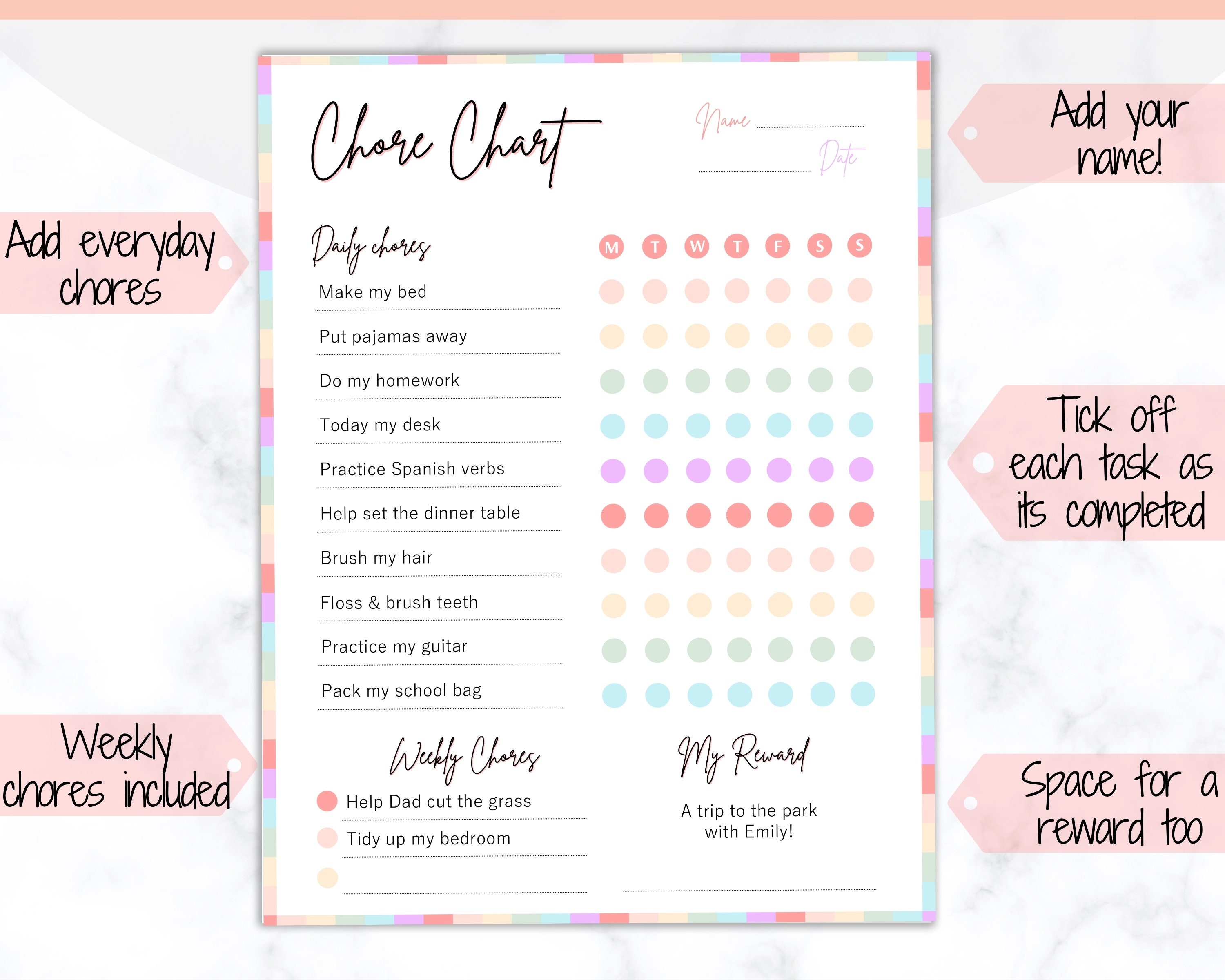 Reward Chart for Kids Girls Chore Chart Template Editable - Etsy UK