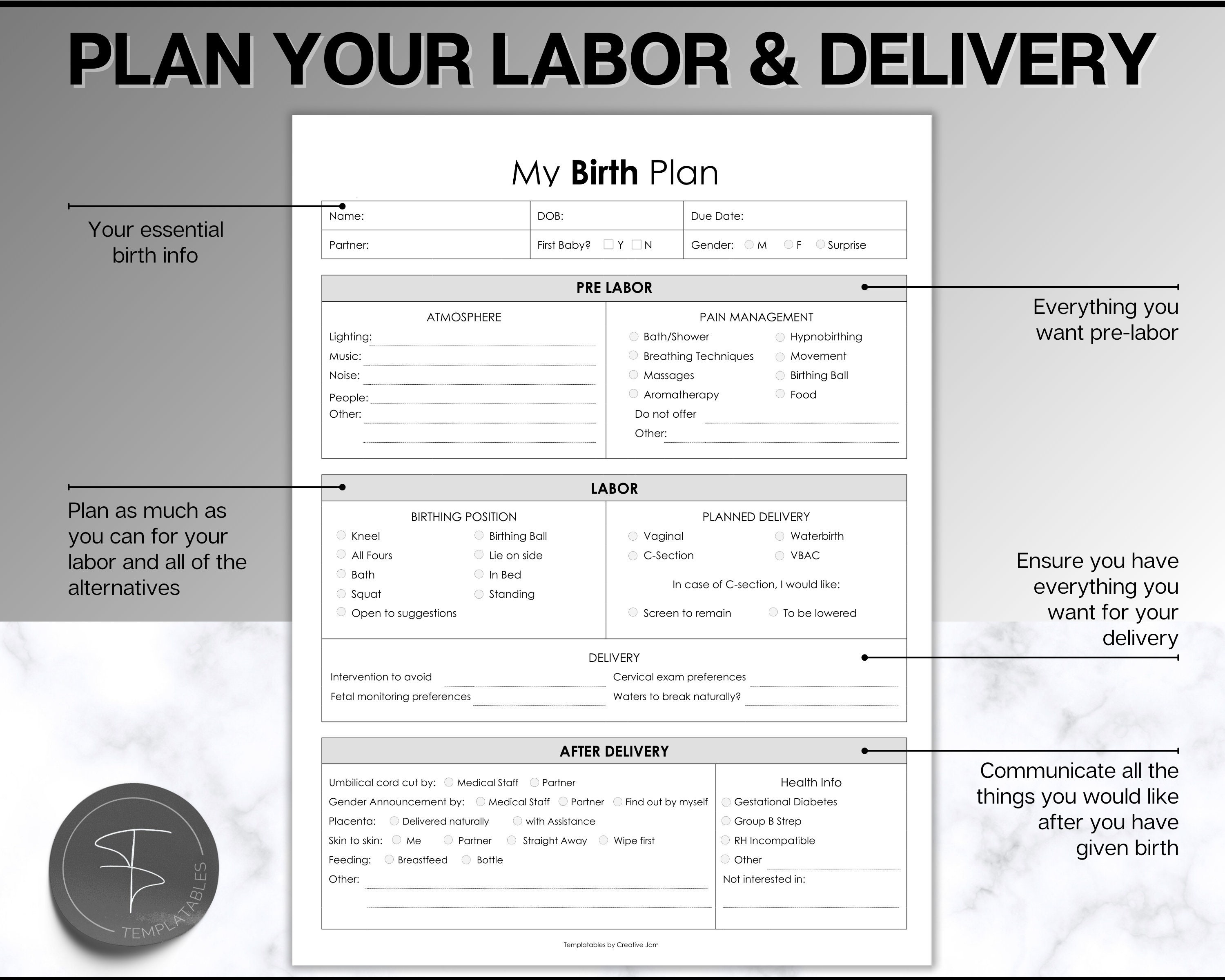 EDITABLE Birth Plan Template, Birth Preferences, Birthing Plan ...