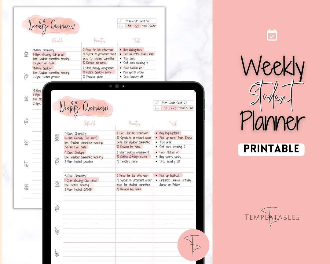 College Student Weekly Planner, Printable Weekly Schedule, College ...