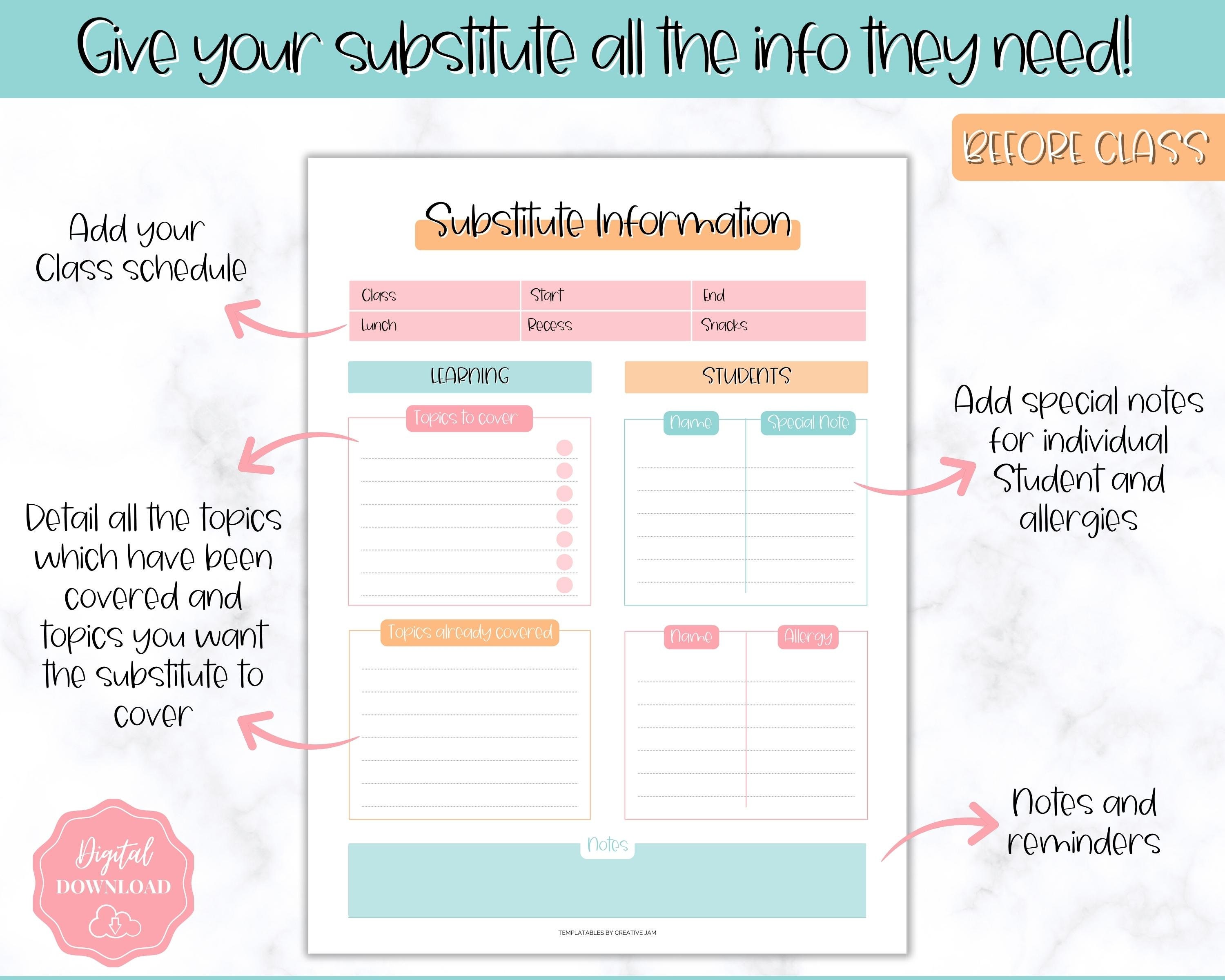 Substitute Teacher Note, Printable Teacher Planner Template, While You ...