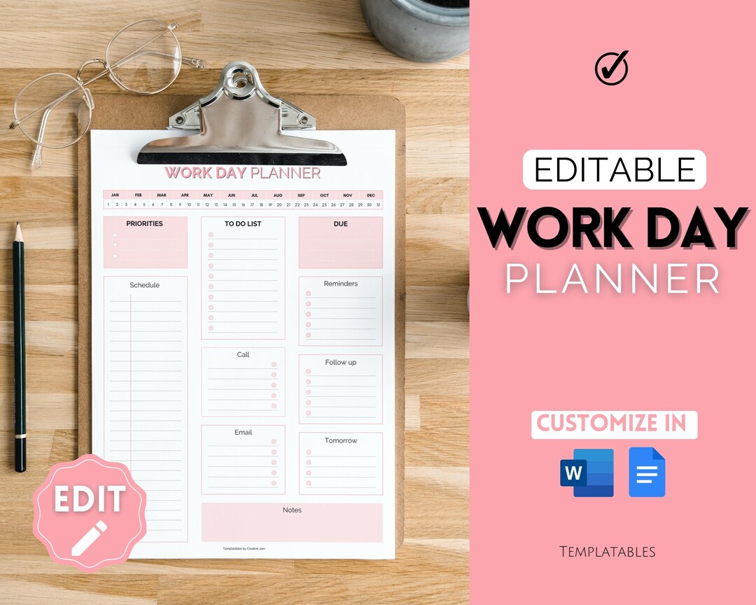 Editable Work Day Organizer, Daily Planner, Work From Home to Do List ...