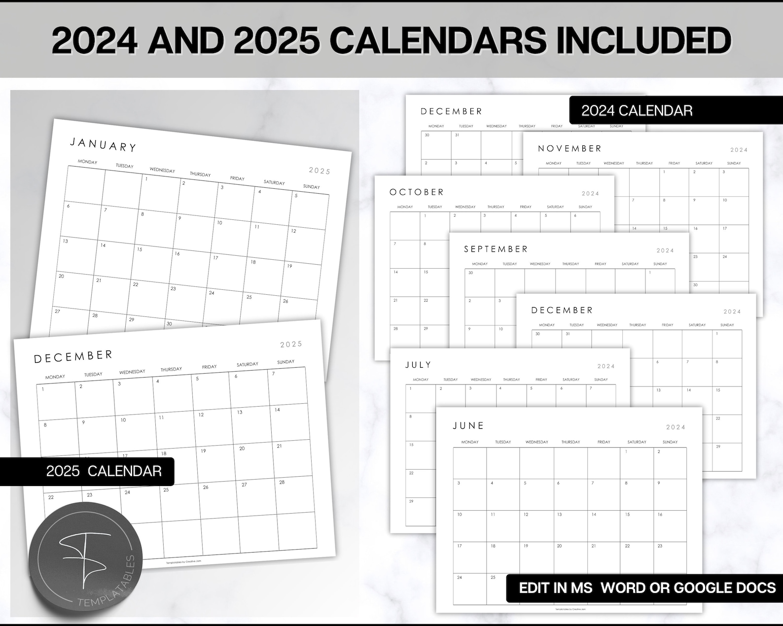 2024 Monthly Calendar, EDITABLE Template | 2024 & 2025 Included ...