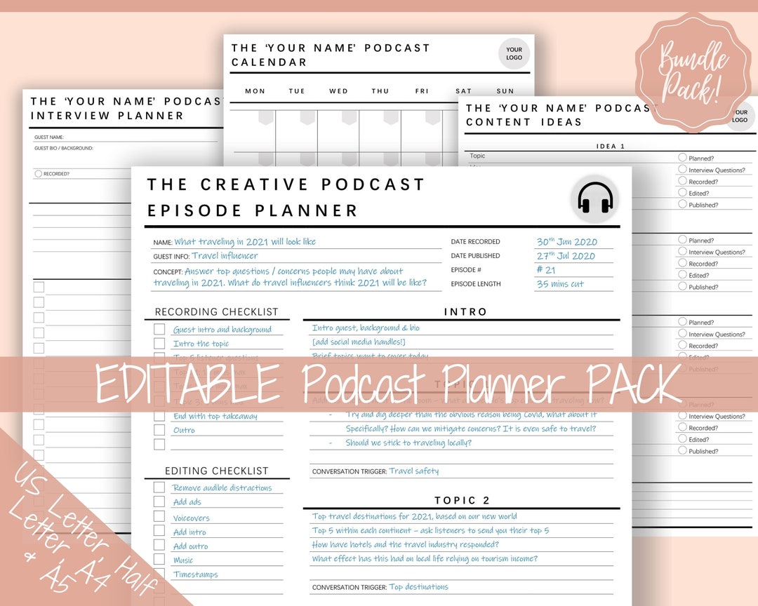 Editable Podcast Planner BUNDLE Pack. Podcast Template Content Calendar ...