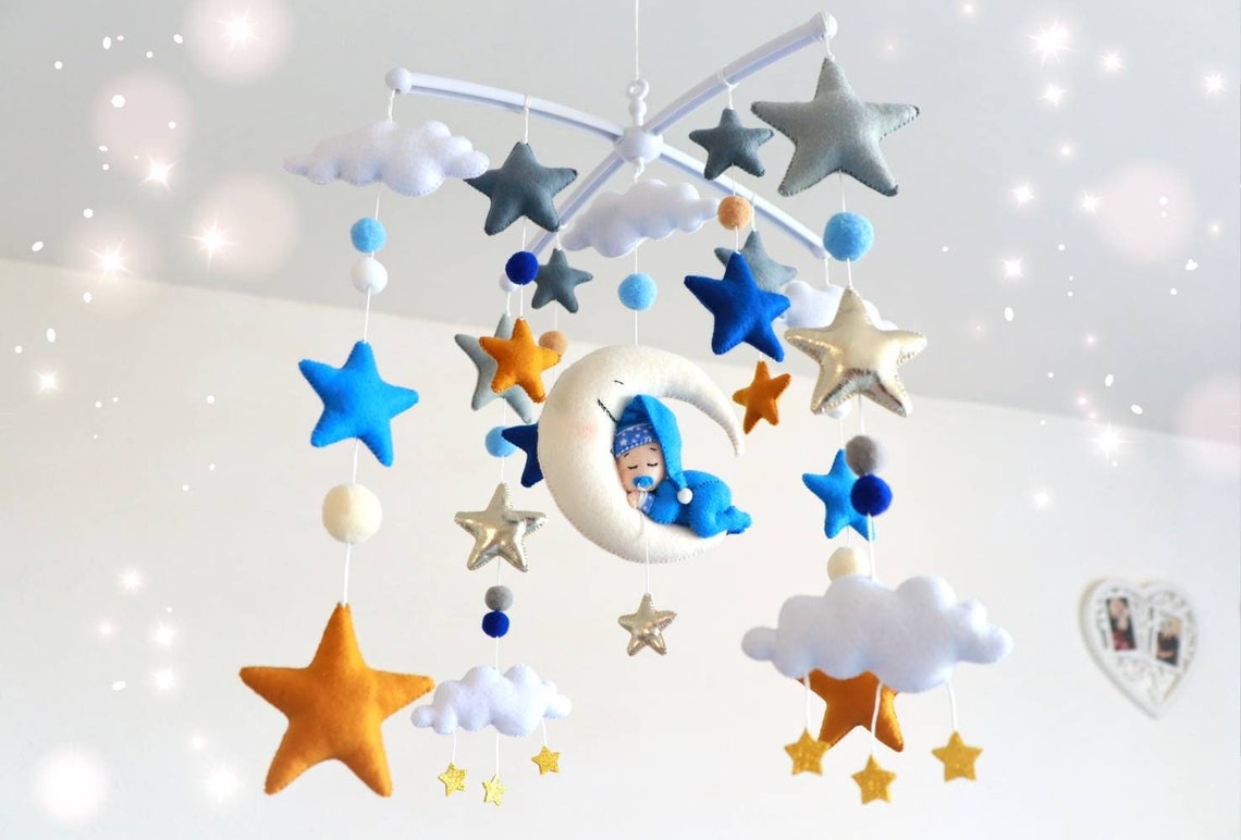 Moon and Stars Crib Mobile: Navy Blue Nursery Decor - Etsy