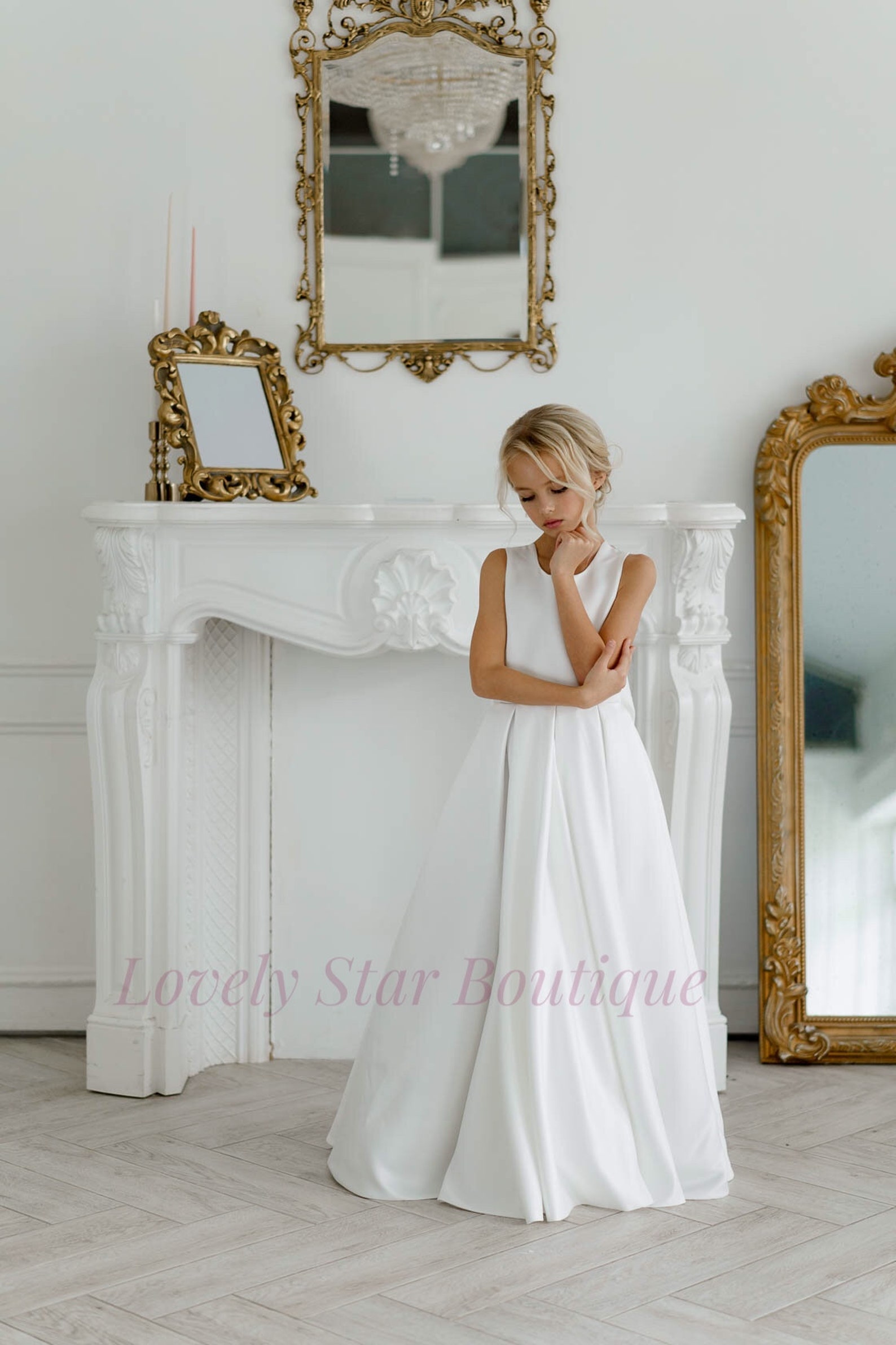 White Flower Girl Dress, Junior Bridesmaid Dress,girl Dress With Train ...