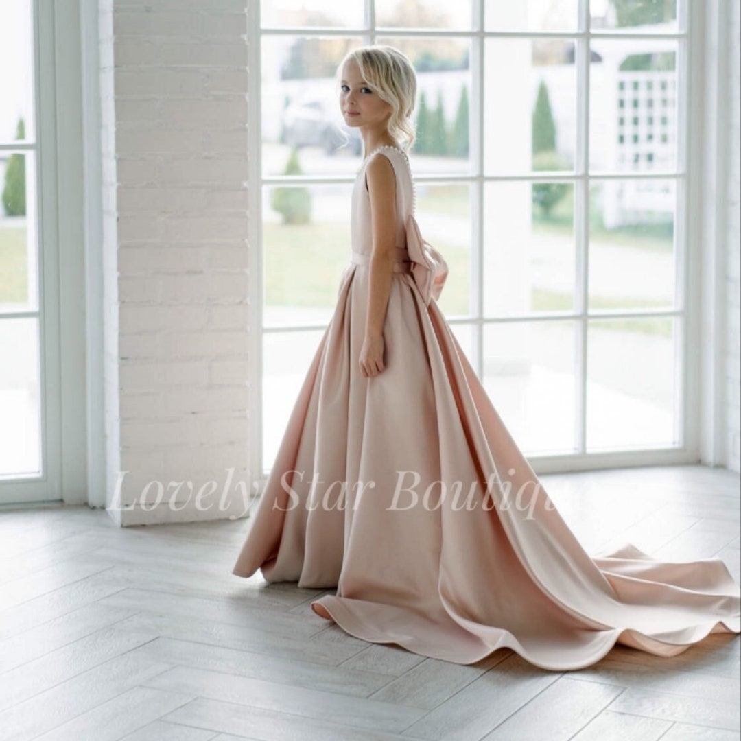 Satin Flower Girl Dress Girl Wedding Dress Pearl Flower Girl Dress Girl Dress With Train