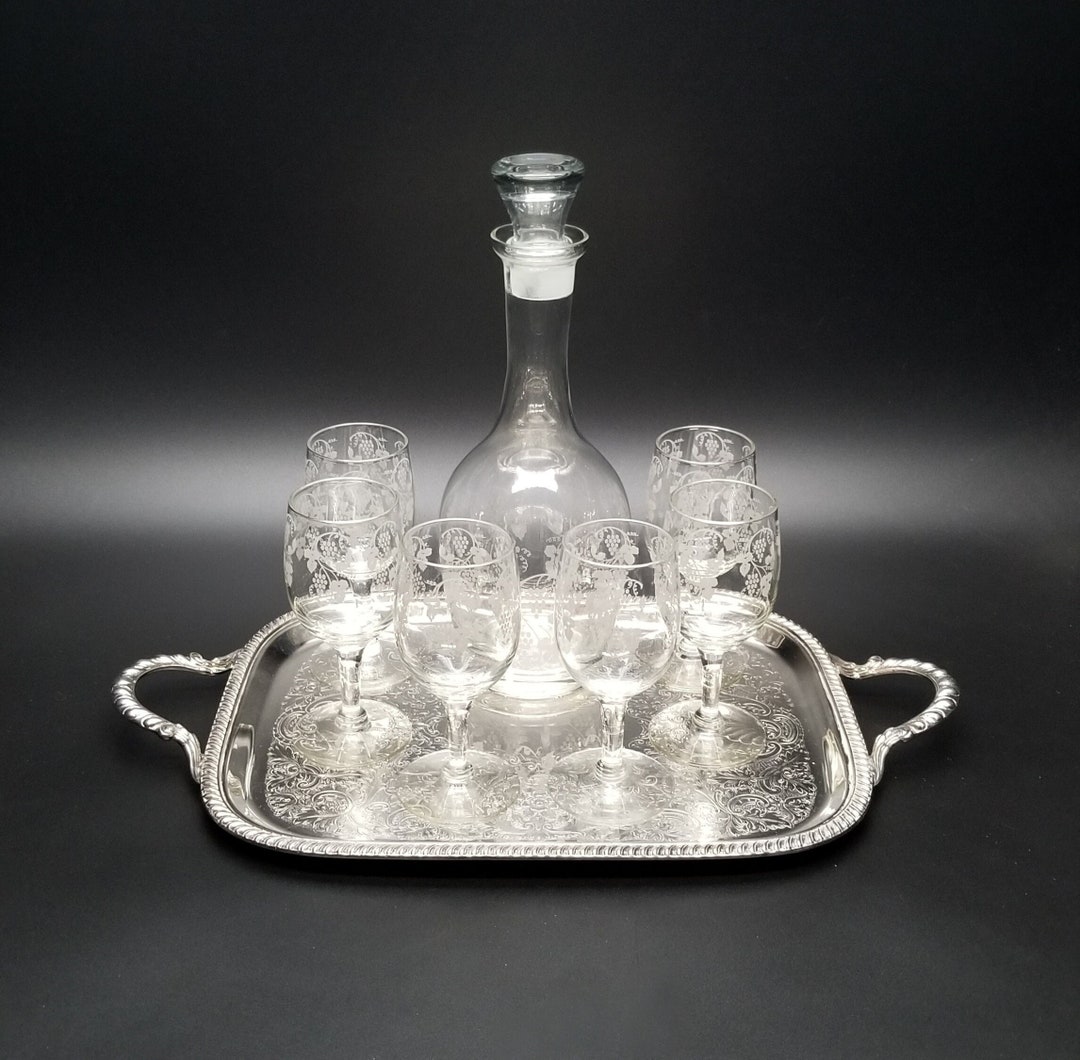 Mid-century Modern Etched Decanter & 6 Cordial Glasses|barware Set ...