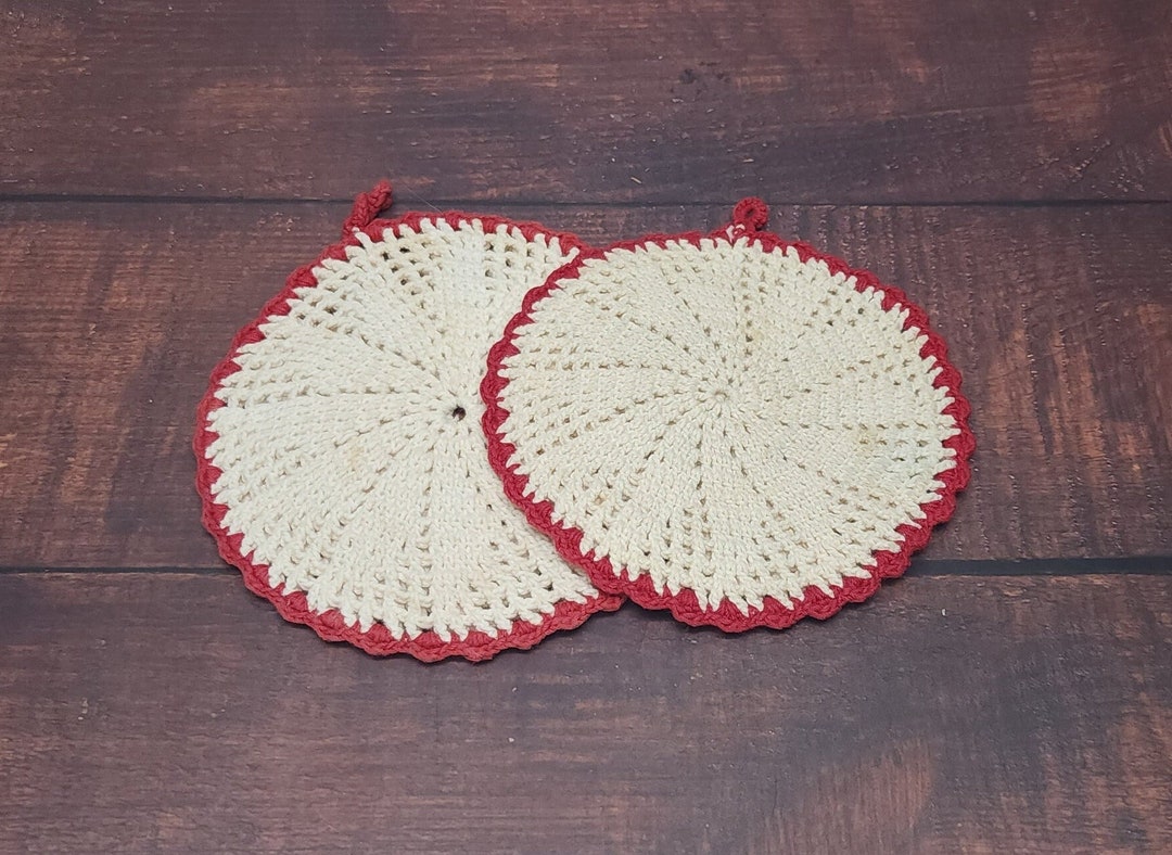 Pair of Vintage Round Crocheted Hot Pads With Red Edges and Loop ...