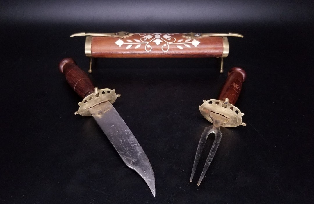 Mid Century Indian Inlaid Carving Set With Brass Accents - Etsy