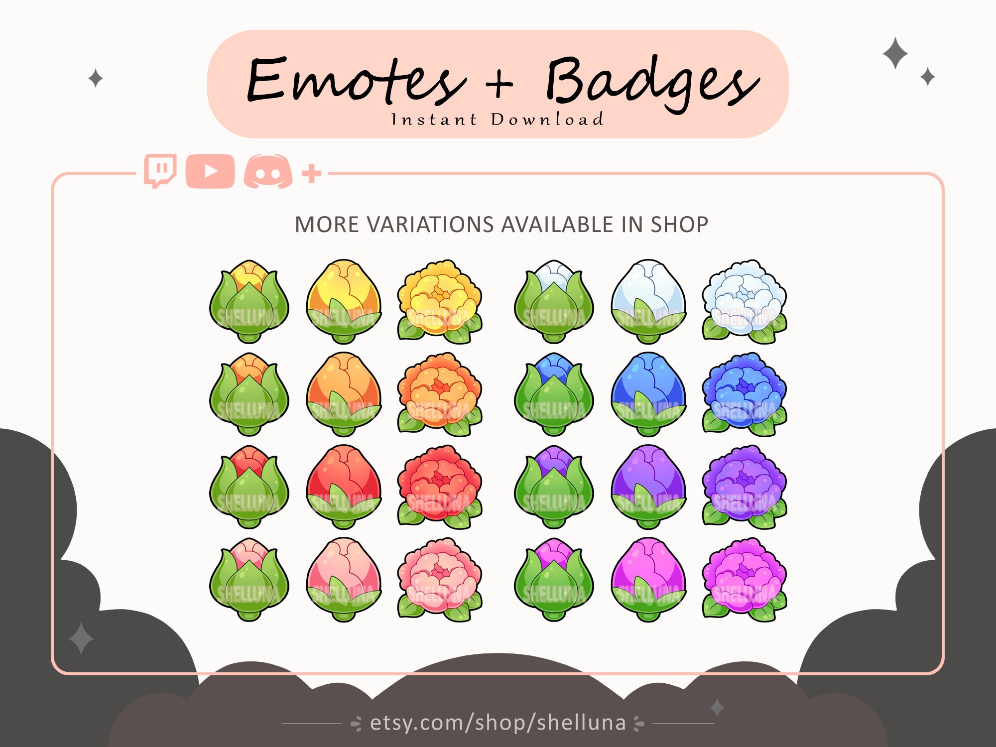 Flower Emotes and Badges (white) | Twitch Emotes | Twitch Sub Badges ...