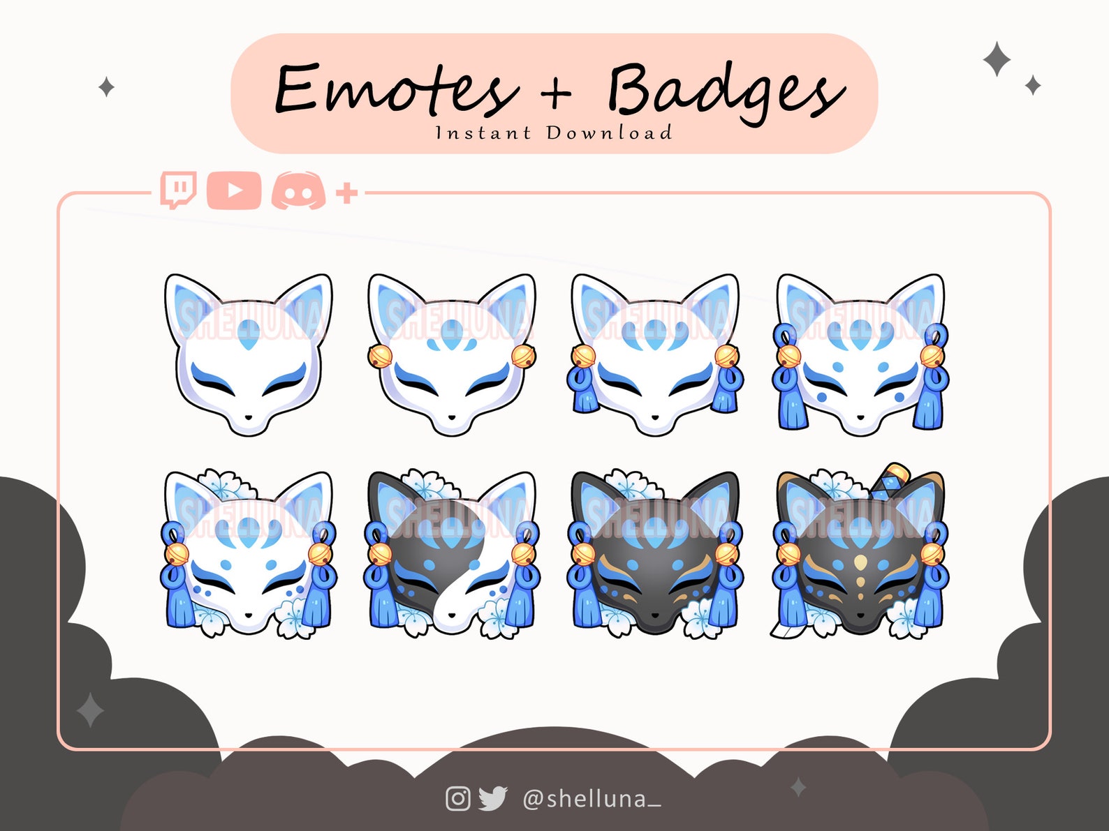 Kitsune Mask (white/blue) Emotes and Badges | Fox Mask Twitch Emotes ...