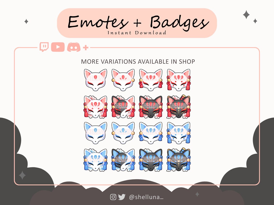 Kitsune Mask (white/blue) Emotes and Badges | Fox Mask Twitch Emotes ...