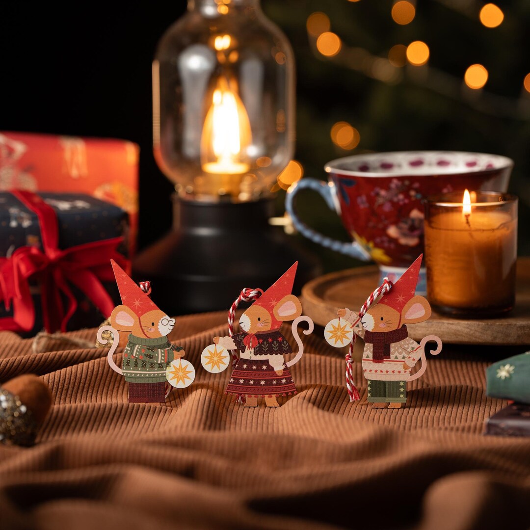 Tiny Mice Wooden Christmas Decorations - Cottagecore Xmas Bauble Set ...