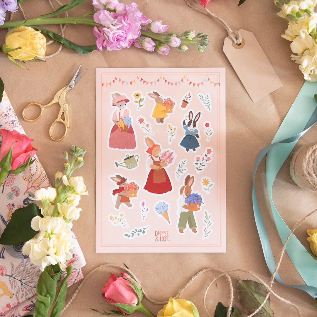 Bunny Florist Sticker Sheet, A5 Illustrated Cottagecore Stickers Art ...