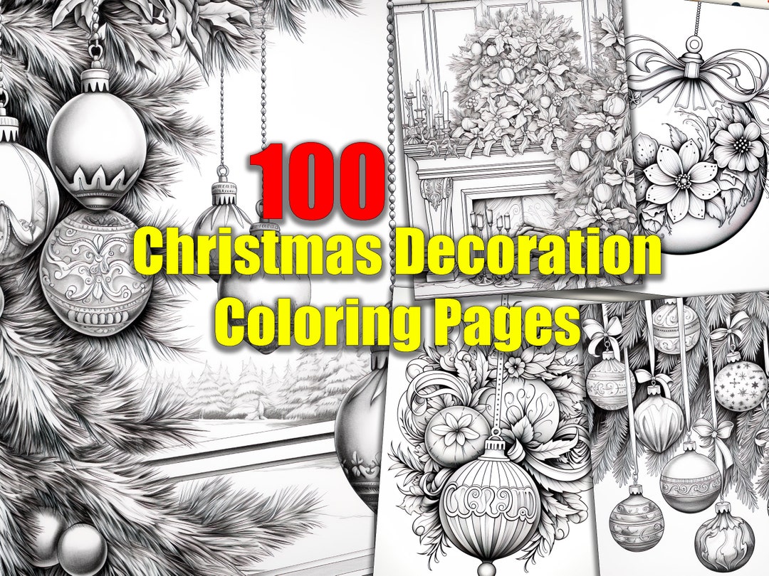 100 Christmas Coloring Pages for Decoration, Printable Grayscale ...