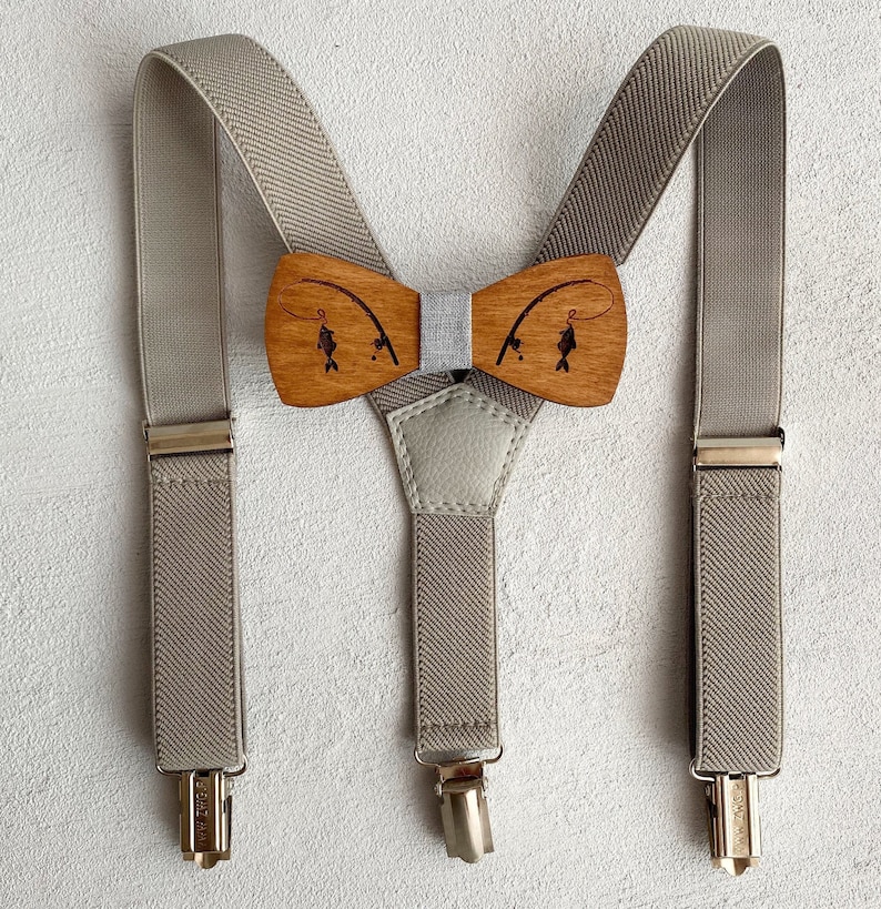 Fish bow tie and grey suspenders Fishing gifts for men | Etsy