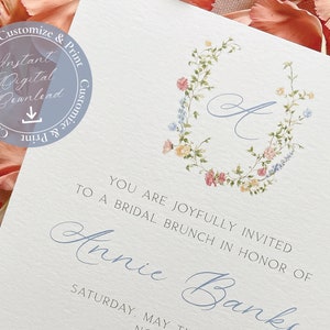 Annie Monogram Crest Wildflower Bridal Shower Invitation, Instant Canva ...