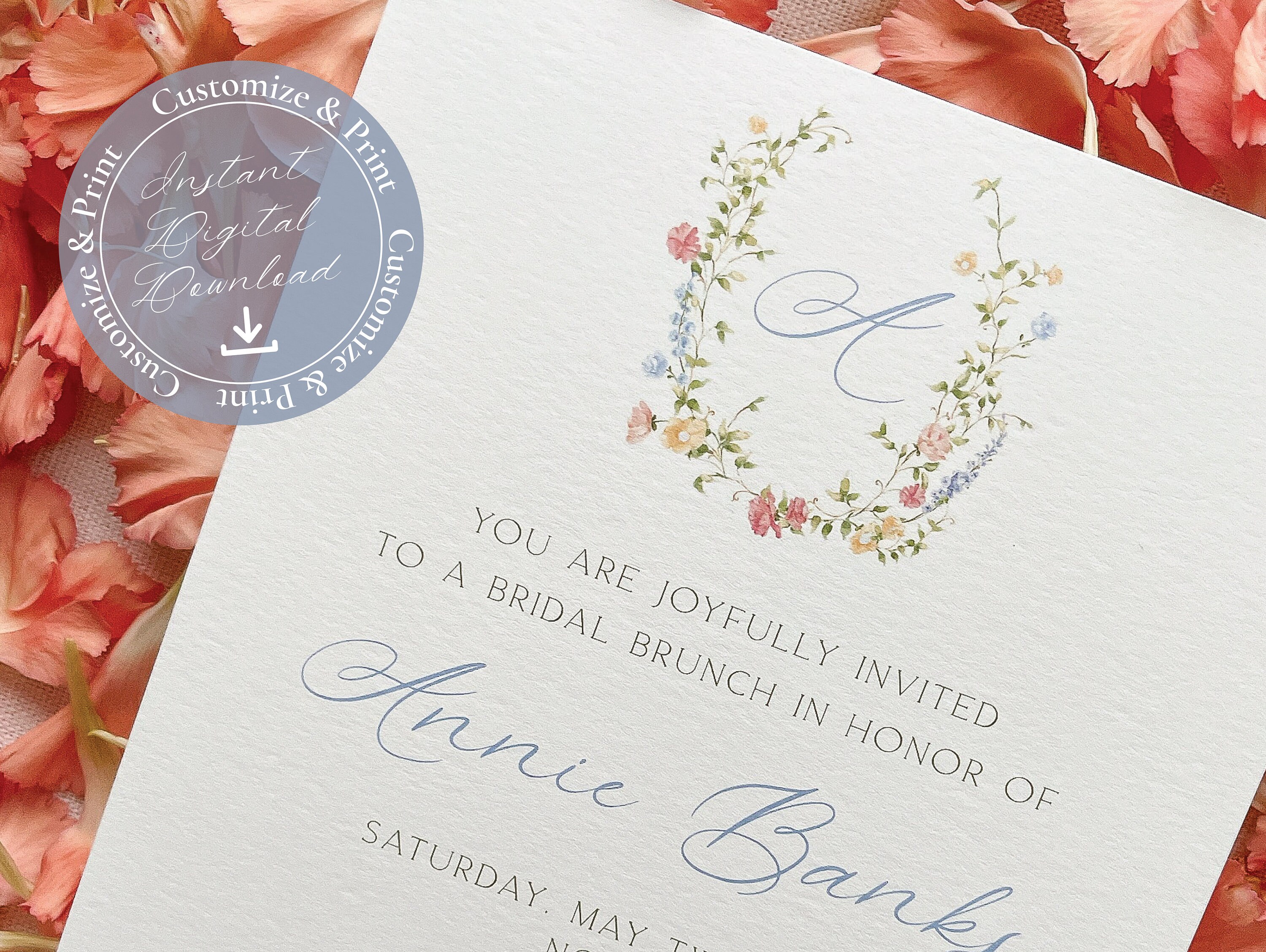 Annie Monogram Crest Wildflower Bridal Shower Invitation, Instant Canva ...