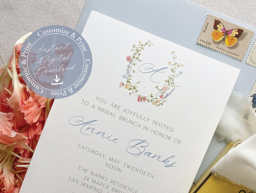 Annie Monogram Crest Wildflower Bridal Shower Invitation, Instant Canva ...