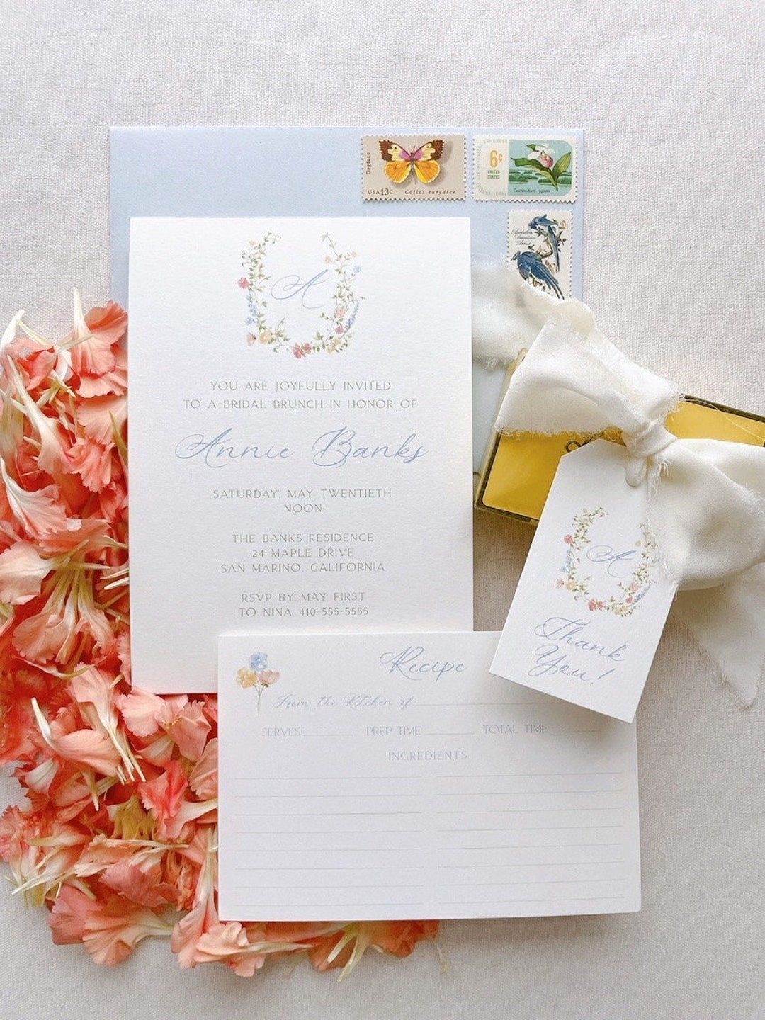 Annie Floral Watercolor Monogram Invitation for Sweet and Simple Bridal ...