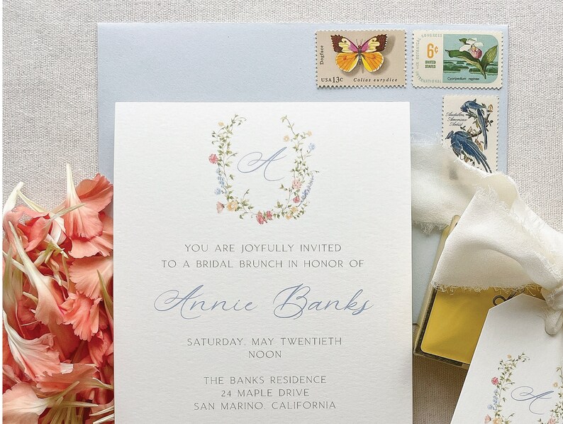 Annie Monogram Crest Wildflower Bridal Shower Invitation, Instant Canva ...