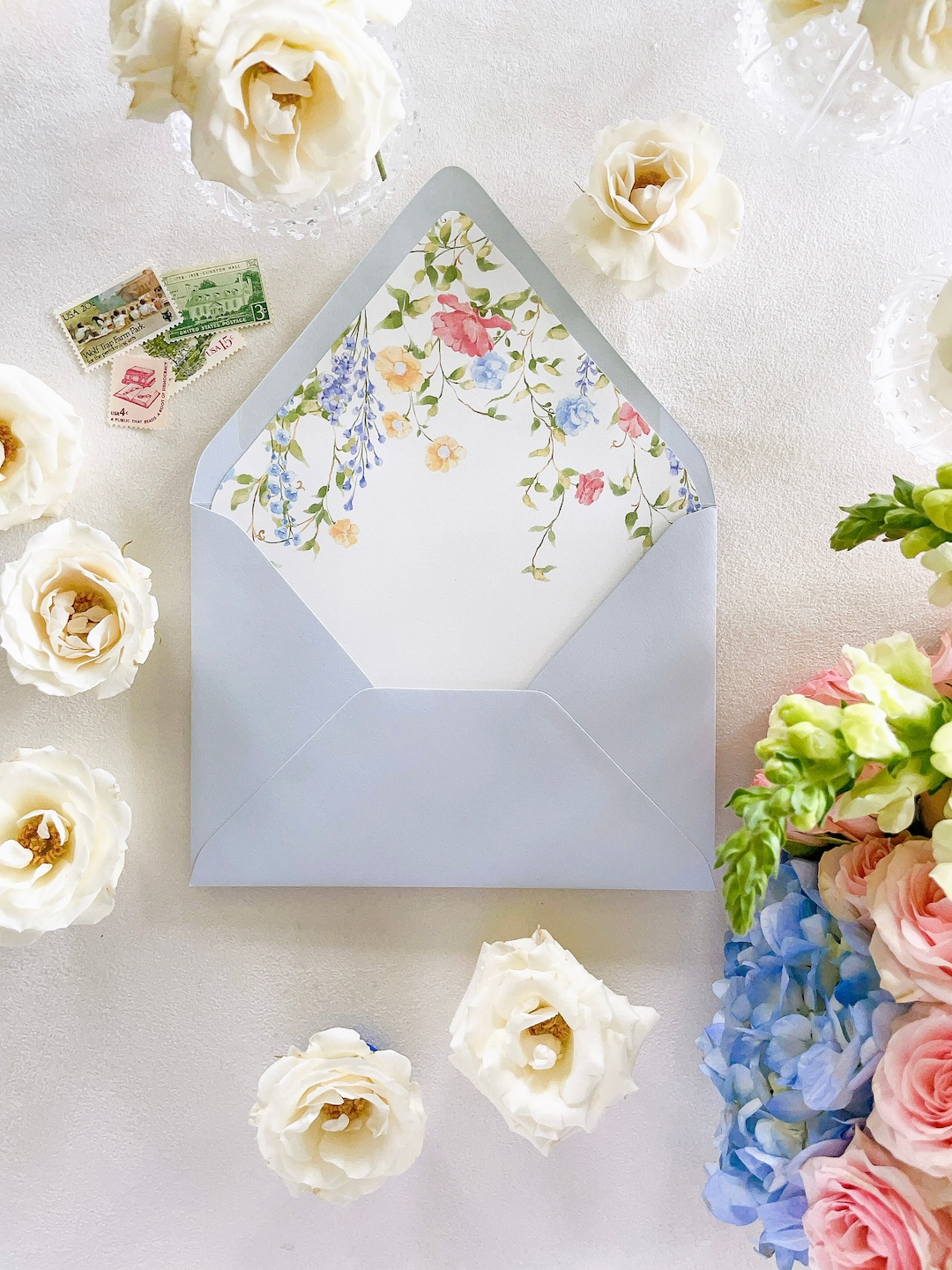 Floral Lined Envelopes, Monogram Lined Envelopes, Dusty Blue Lined ...