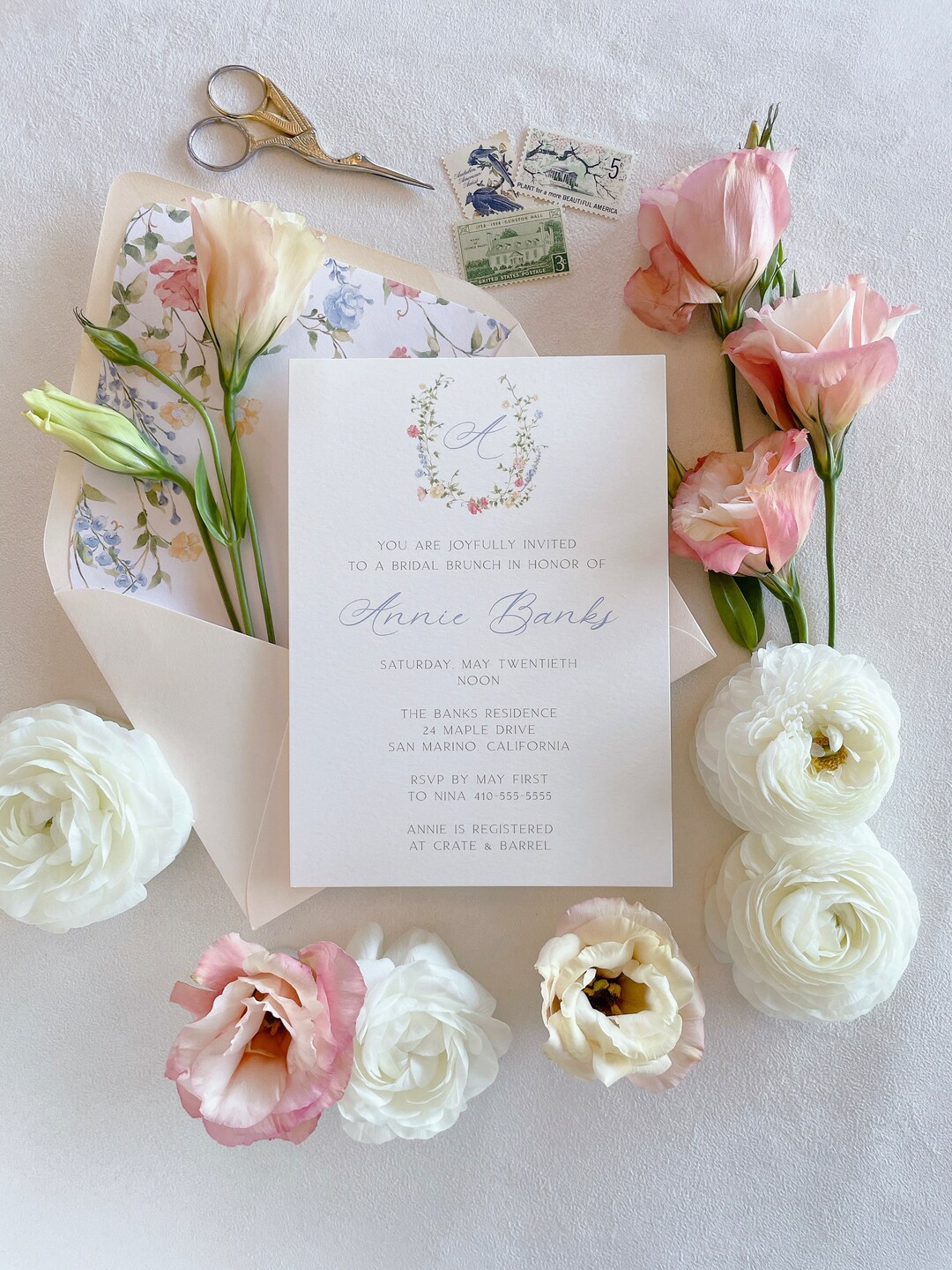 Annie Floral Watercolor Monogram Invitation for Sweet and Simple Bridal ...