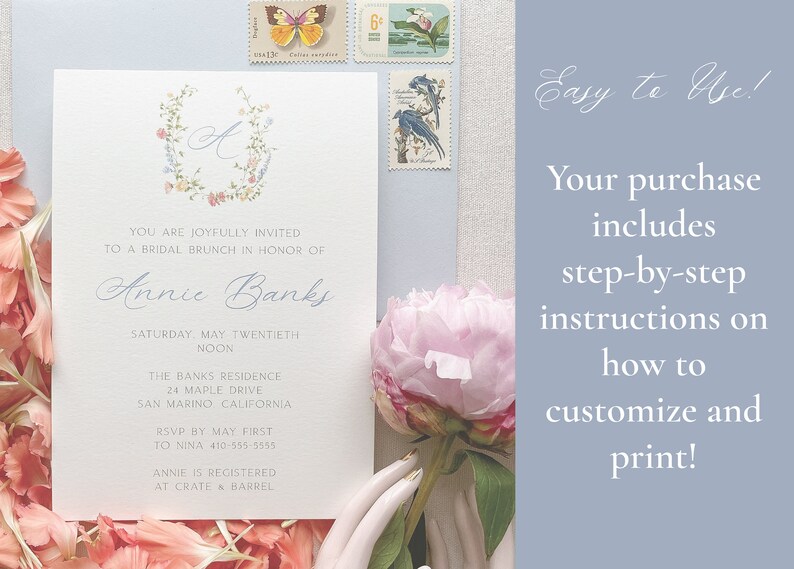 Annie Monogram Crest Wildflower Bridal Shower Invitation, Instant Canva ...