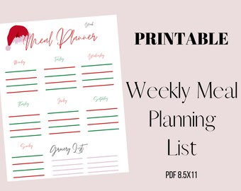 Weekly Meal Planner Printable Christmas Holiday Theme Grocery Shopping ...