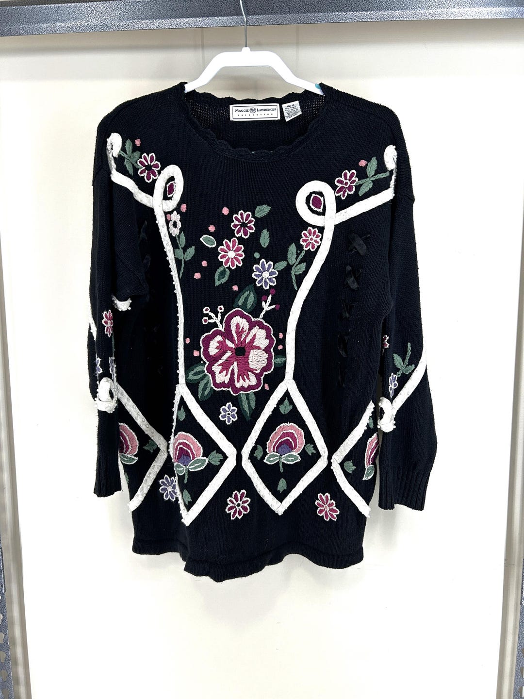 Vintage Woman's Embroidered Laced Embelished Black Sweater With Flowers ...
