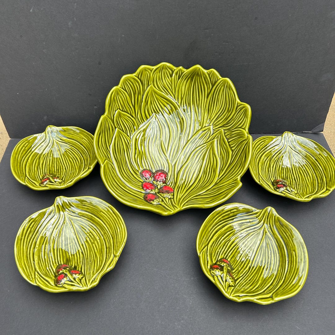 Kitschy Green Leaves With Red Strawberries Fruit Serving Bowl Set ...