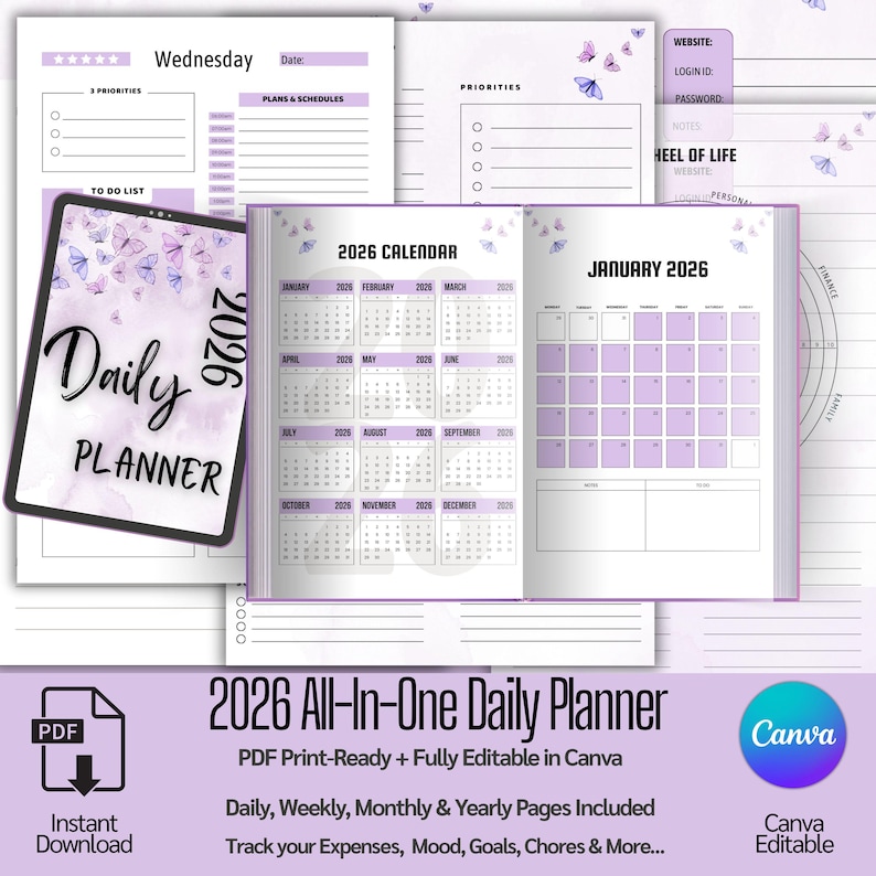2026 Daily Planner Printable and Editable | PDF + Canva Template ...