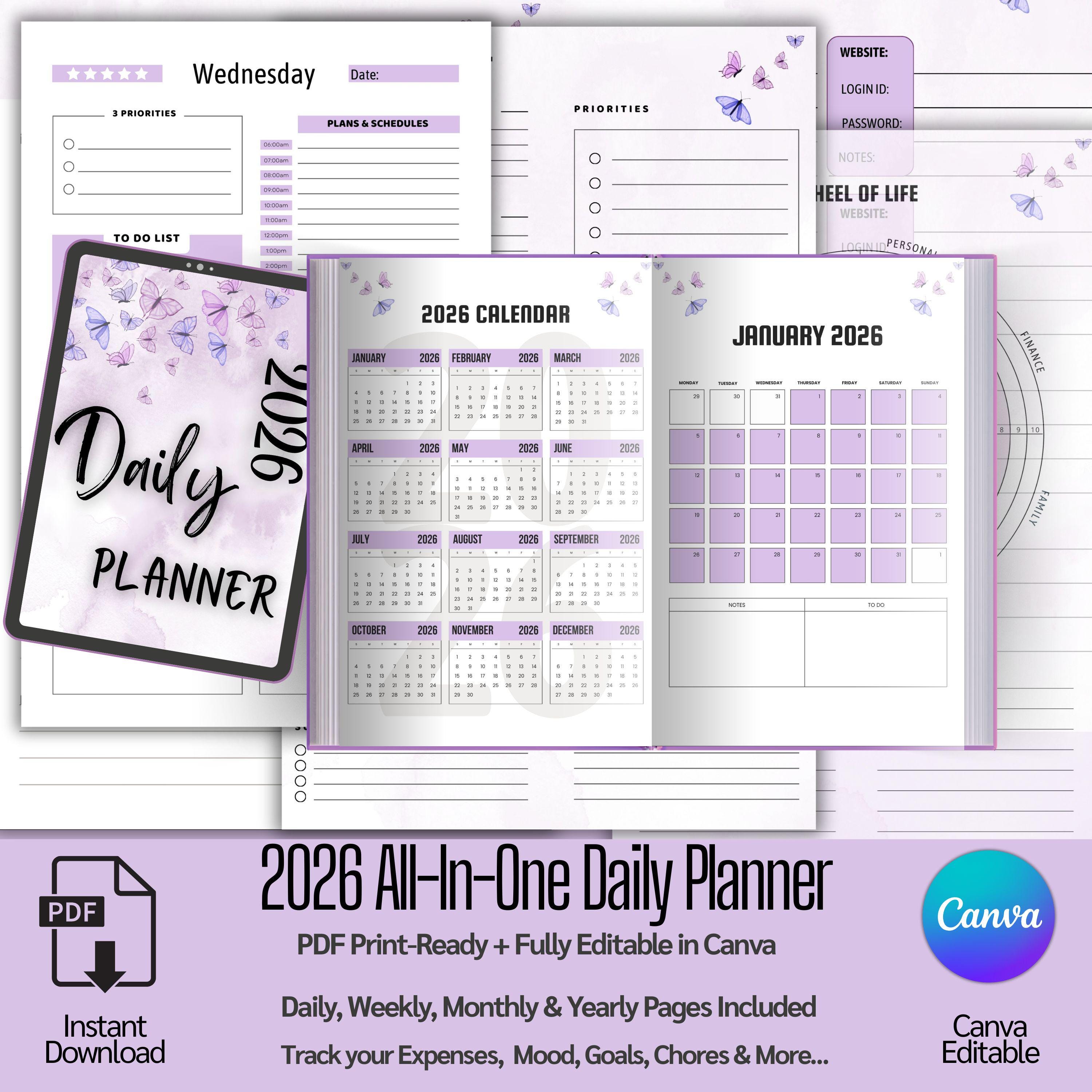 2026 Planner Daily Printable and Editable | PDF + Canva Template ...