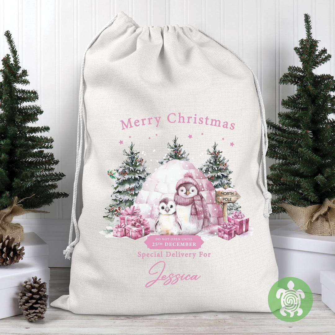 Personalised Christmas Pink Penguin Sack, Luxury Linen Polyester ...