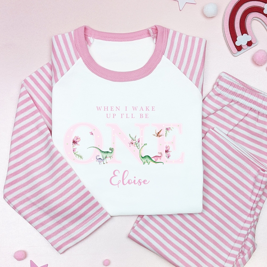 Watercolour Pink Flower Dinosaur Personalised Birthday Girl Pyjamas ...