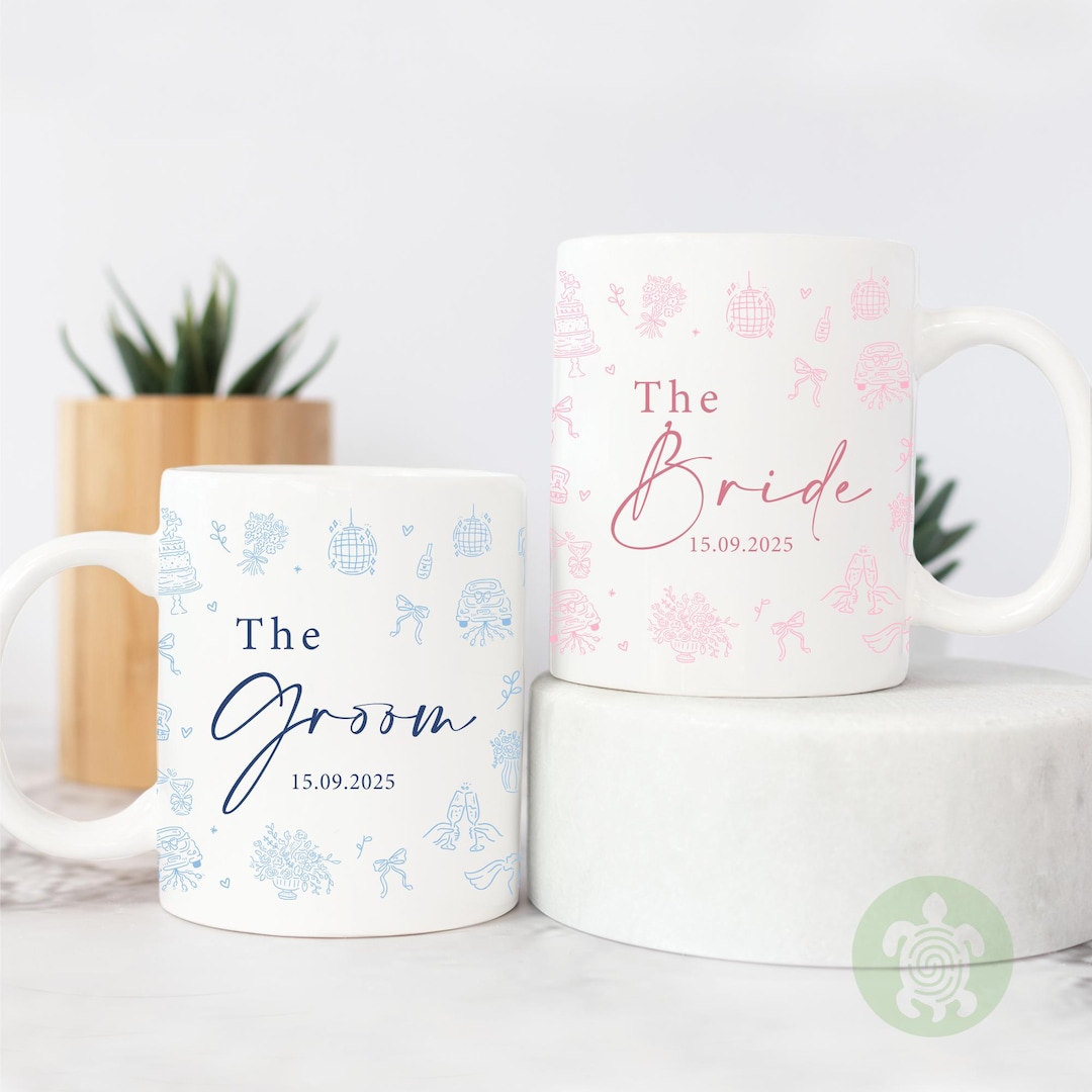 Personalised Bride and Groom Wedding Doodle Mugs, Couple Coffee Tea Mug ...