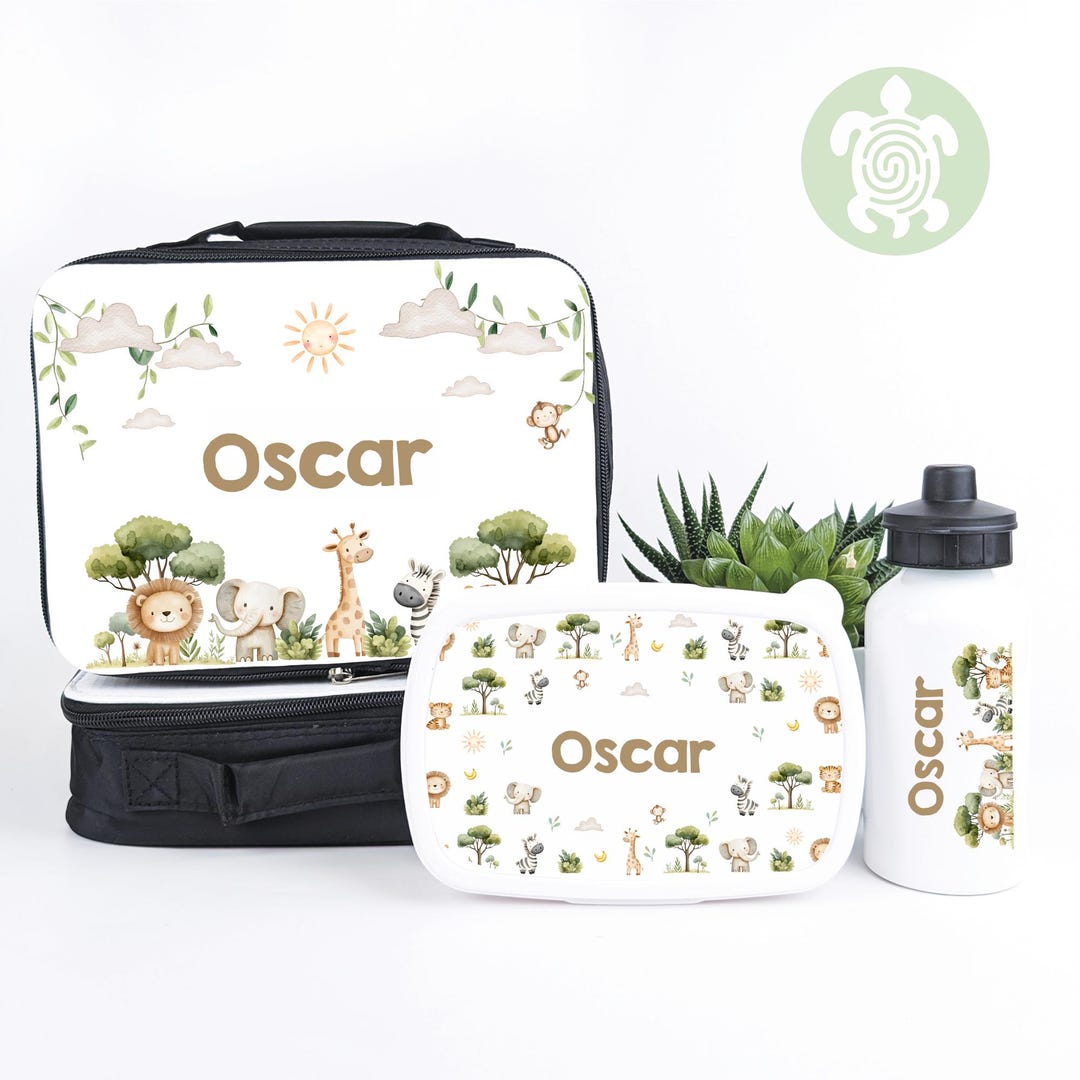 Personalised Safari Lunch Bag, Snack Box & Water Bottle Set - Kids ...