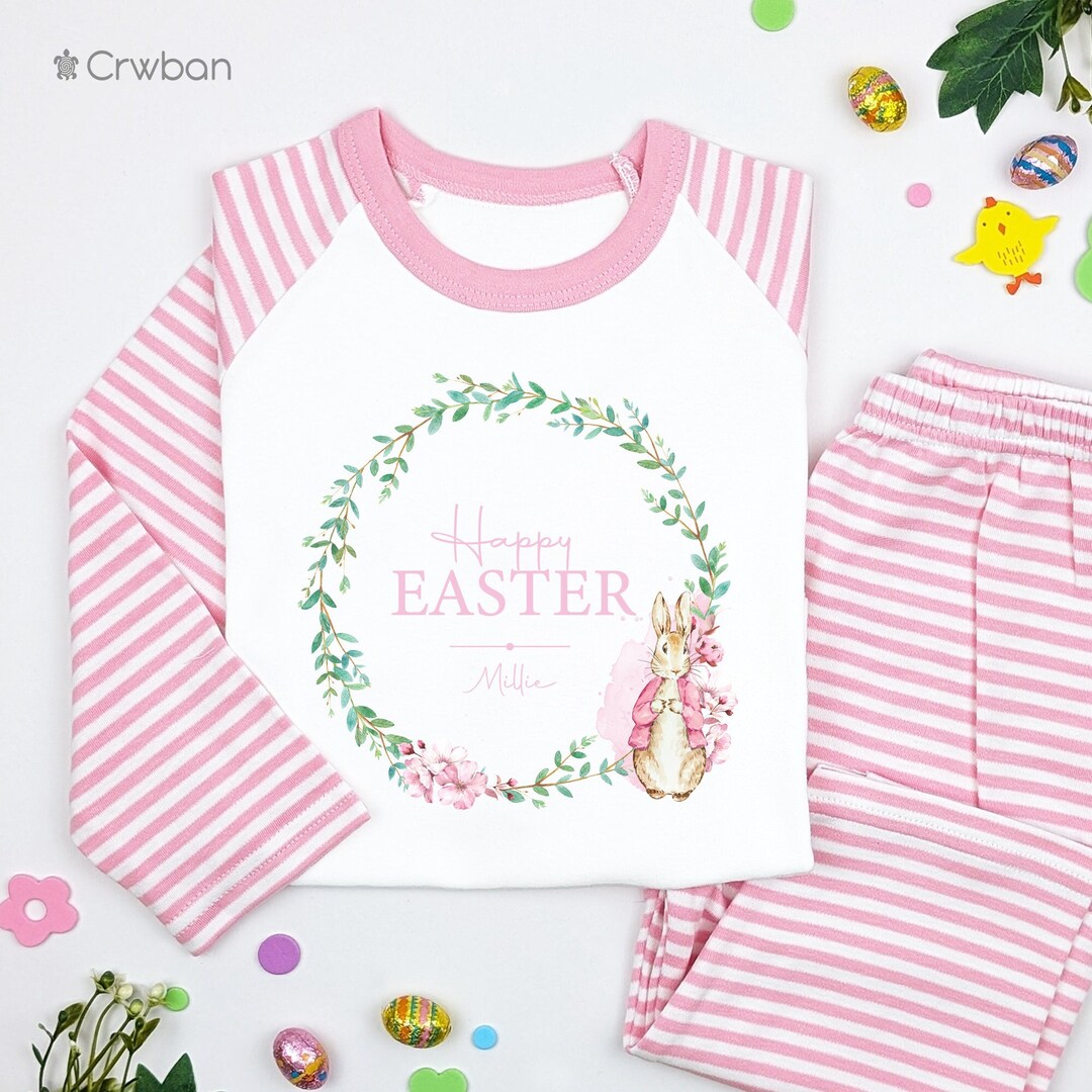 Happy Easter Pink or Blue Rabbit Wreath Personalised Pyjamas Easter ...