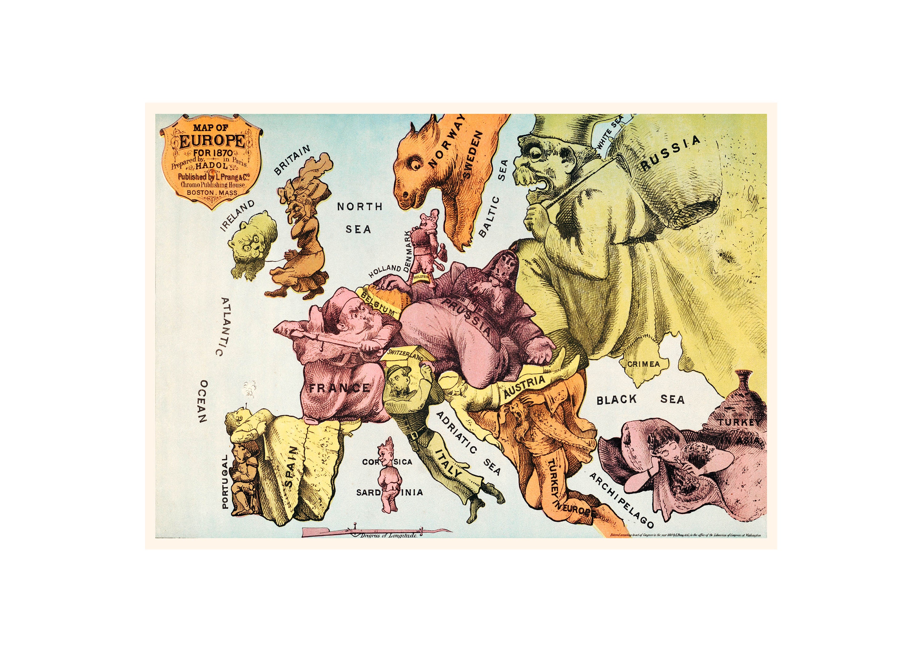 Vintage Comical Map of Europe by Paul Hadol - Giclee Print - Framed ...