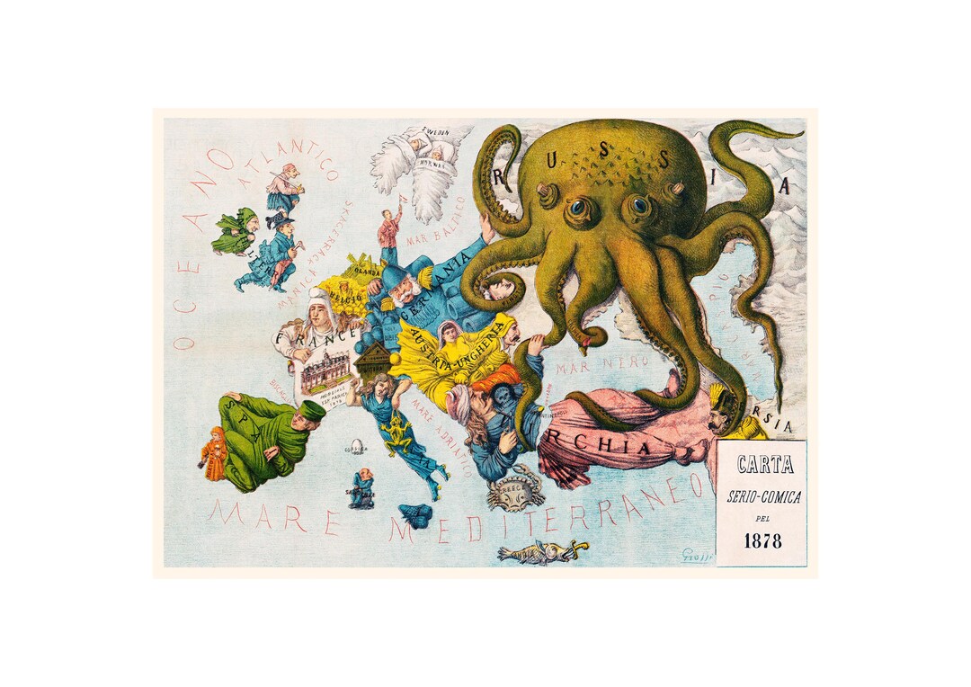 Vintage Comical Map of Europe by Augusto Grossi - Giclee Print - Framed ...
