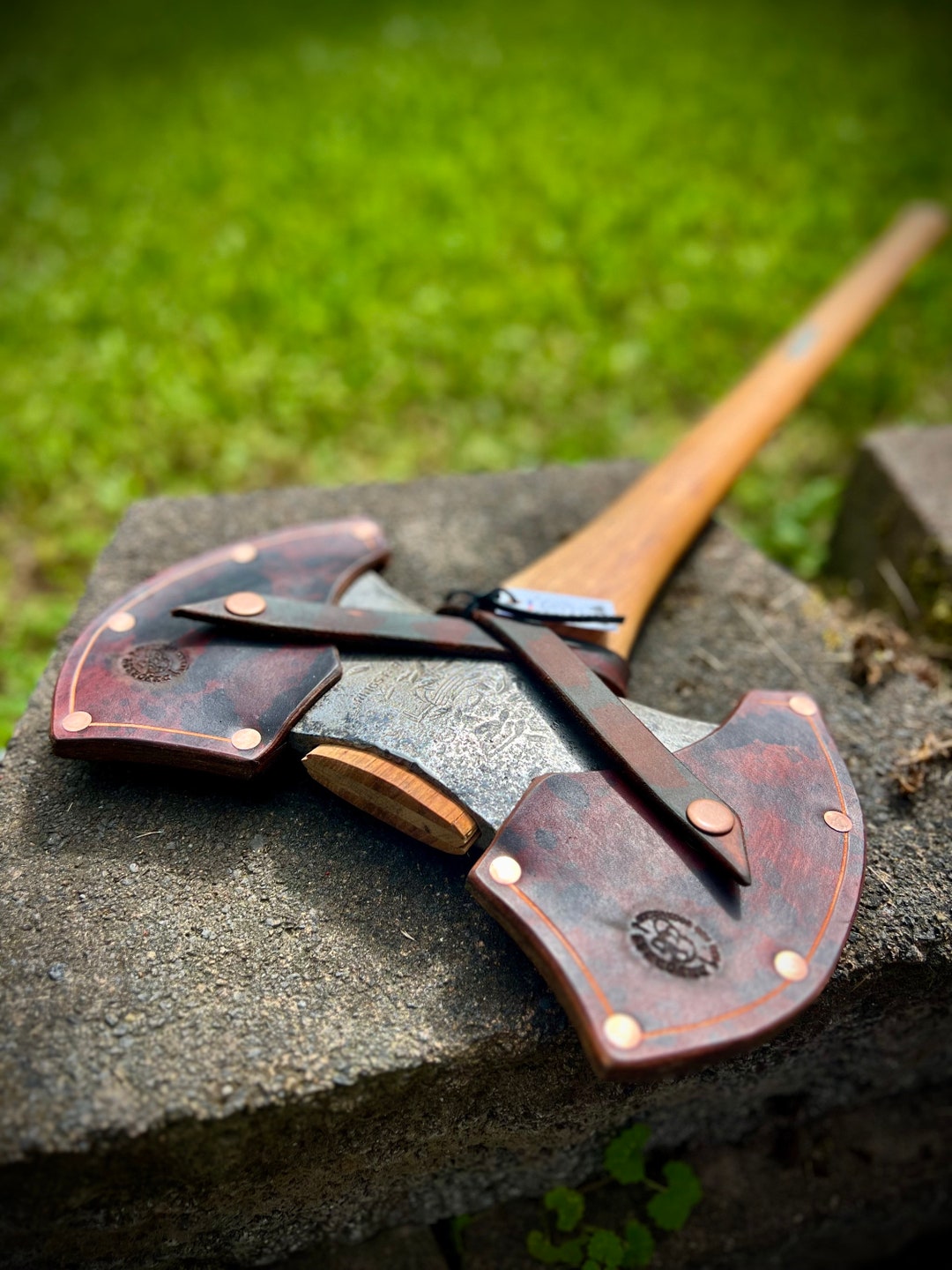 Vintage Colonial Etched Double-bit Axe, With Handmade Leather Sheath - Etsy